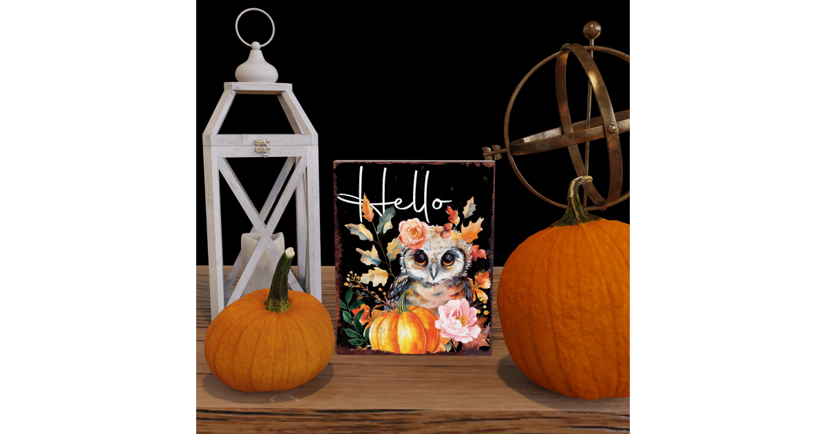 Made In USA | 15in Hello Fall Owl Table Decor | Fall Wooden Tabletop ...