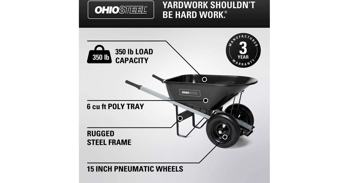 Made In USA | 6 cu ft Poly Wheelbarrow – 350 lb Cap (Black)