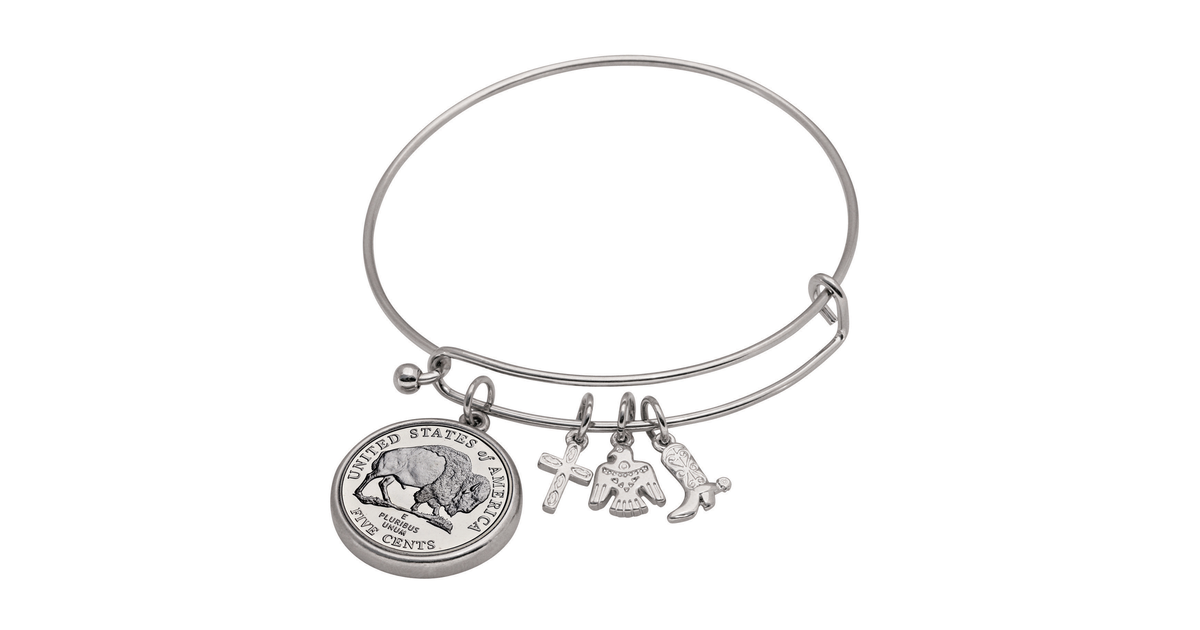 Made In USA | Western Charm Silver Tone Bison Nickel Coin Bangle Bracelet
