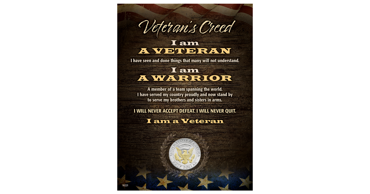 Made In USA | Veteran's Creed with Genuine JFK Half Dollar Matted Coin