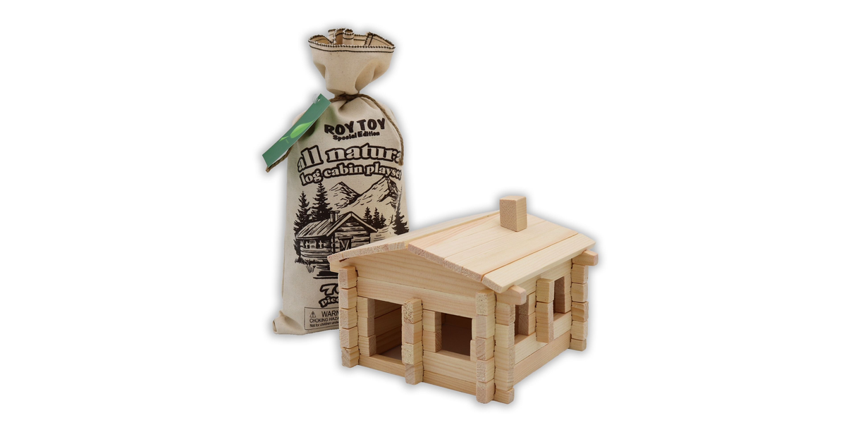 Made In USA | Roy Toy All Natural Log Cabin Building Set, 70 pc