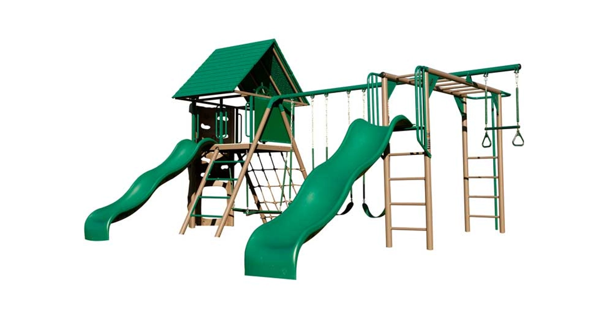 Made In USA | Deluxe Double Slide Swing Set with Clubhouse and Monkey Bars