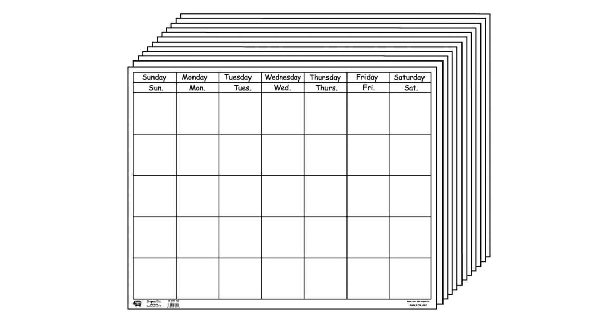 Made In USA | SHAPES ETC. Horizontal Calendar - Set of 12 White