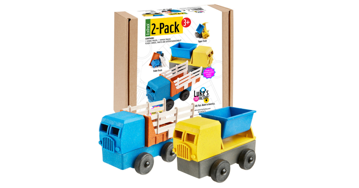 Made In USA | Toy Truck Play Set - 2 Pack of Stake & Tipper Truck Toys