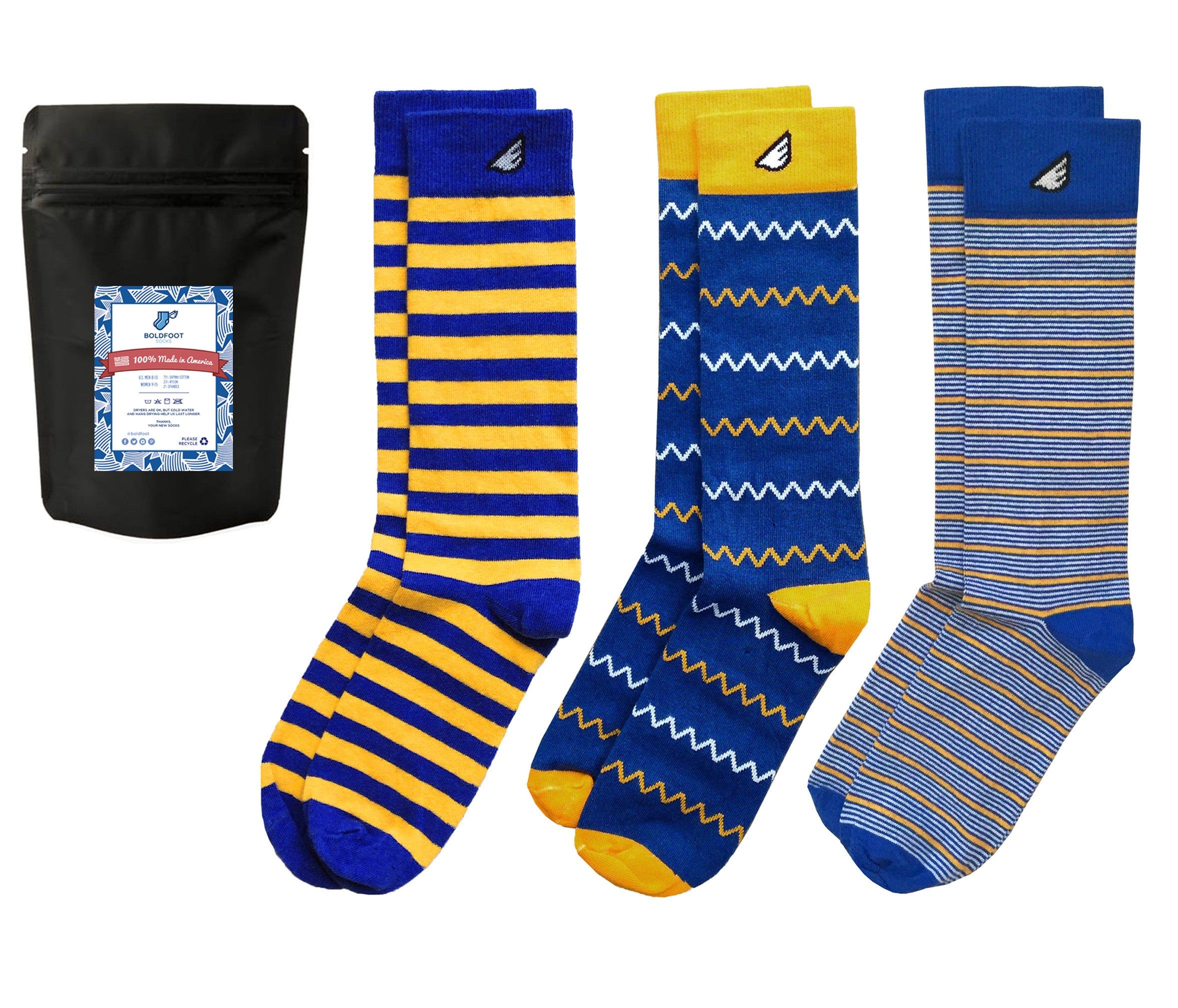Made In the USA | Blue & Gold Gift 3-Pack Socks. American Made Gift Bundle