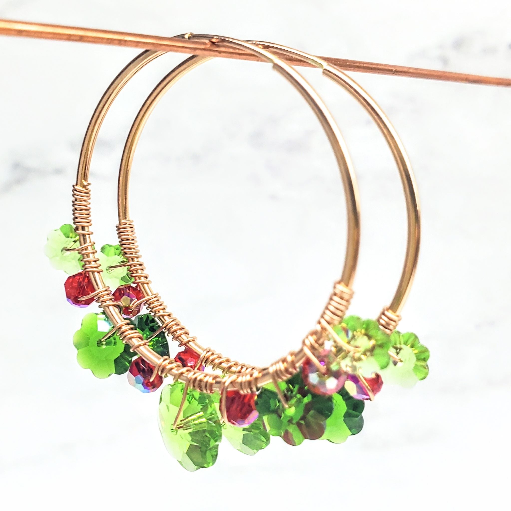 Made In the USA | 14 K Rose Gold Filled Holly Berry Crystal Hoops